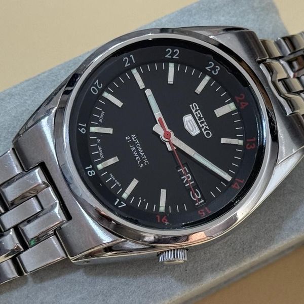 Vintage Seiko 5 Military Field Style Automatic Watch Black 24-Hr Dial ...