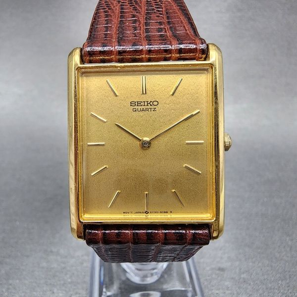 Seiko Tank Watch Men 25mm Gold Dial Gold Tone Rectangle 5Y30-5069 New ...