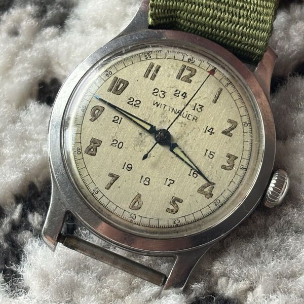 Vintage Wittnauer 24 Hour Dial WWII Military Mens Watch 33mm Red Tip ...