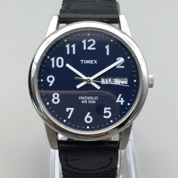 Timex Watch Men 35mm Silver Tone Blue Dial Indiglo Day Date Leather New ...