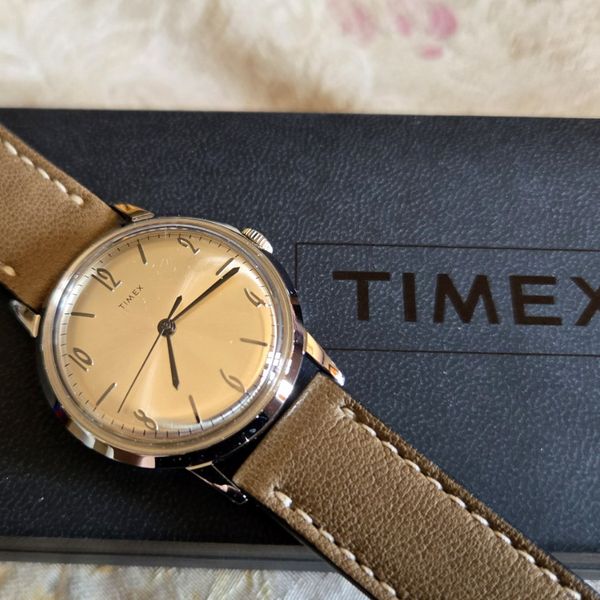 Timex Marlin 34mm Hand Wind Watch 1960s Reissue Tan Champagne Dial ...