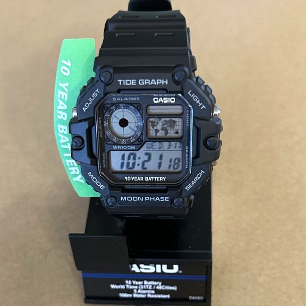 New black Casio digital watch AE-1200WH in a rugged case, World Time, 100m WR | WatchCharts ...