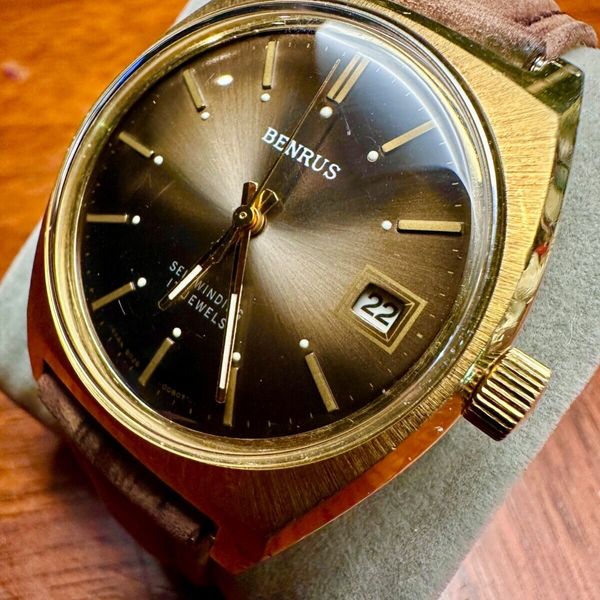 1977 BENRUS Automatic 17 Jewel Large Gold Plated Watch CLEAN w/Date ...