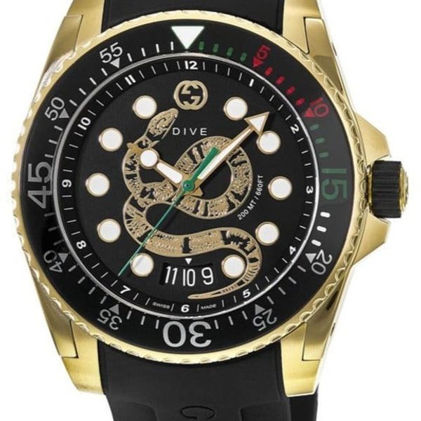 Gucci Dive Snake Watch 136.2 Gold Tone Date Quartz 45mm Black Rubber ...