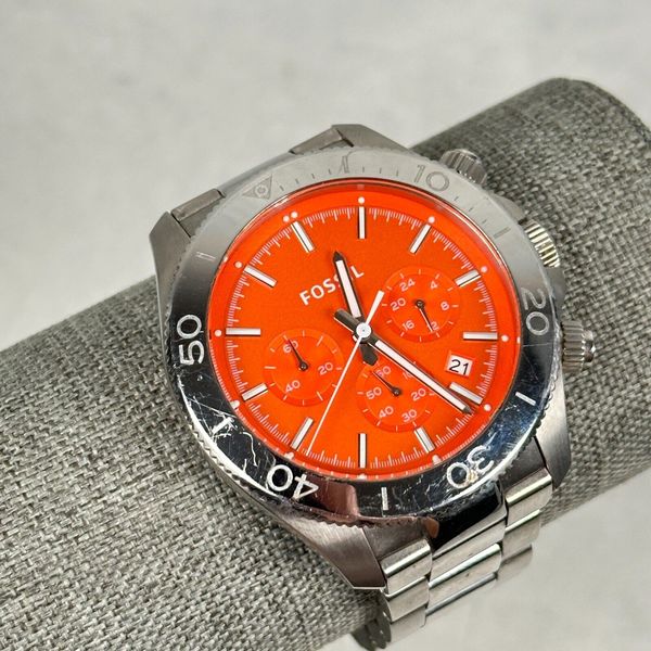 Fossil Watch Mens 44mm Retro Traveler Orange Dial Date Silver Tone New ...