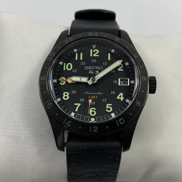 Seiko 5 Sports Field GMT Automatic Black Dial Leather Strap Men's Watch ...