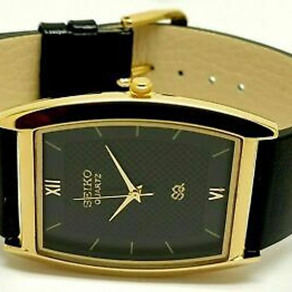 Seiko Quartz Super Slim Men Gold Plated Excellent Rectangle Black Face ...