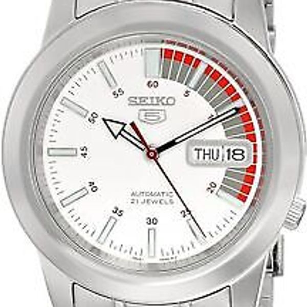 SEIKO 5 SNKK25K1 AUTOMATIC STAINLESS STEEL WATCH WHITE DIAL RED ACCENT ...