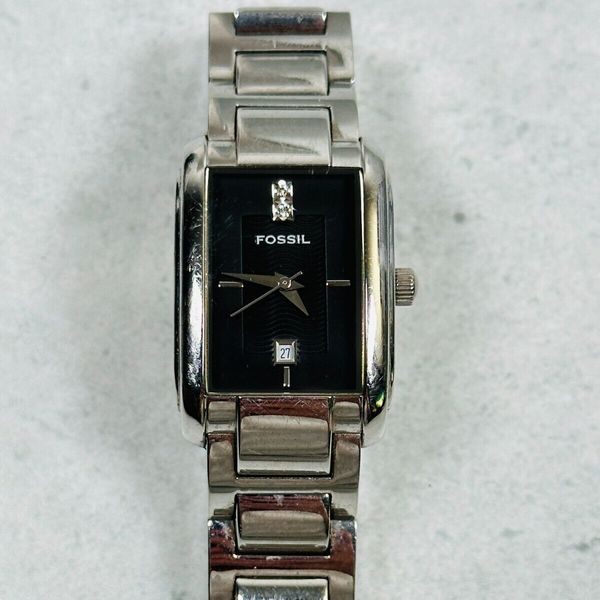 Fossil Tank Watch Women 25mm Black Dial Silver Tone Date New Battery 6. ...