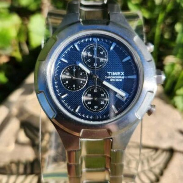 Timex Chronograph WR50M Blue/Silver 38mm Men's Watch Waffle Dial Miyota ...