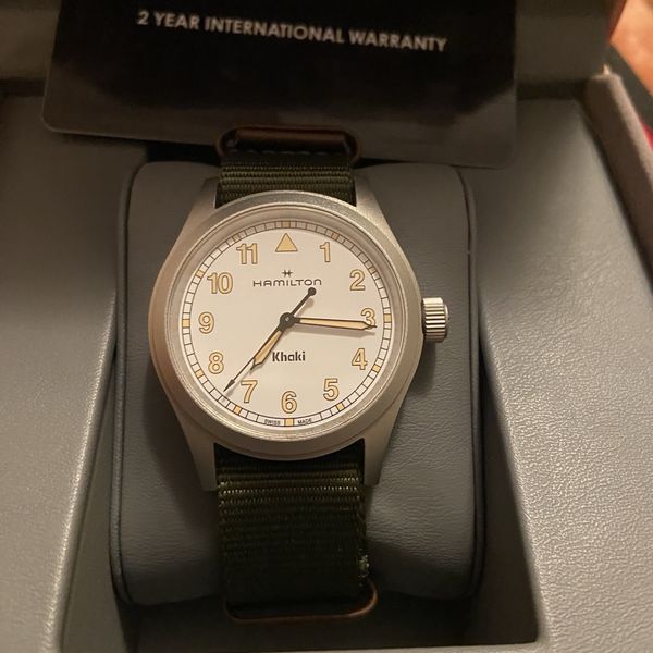 Hamilton Khaki Field Quartz 38 mm White Dial Green Strap Watch ...
