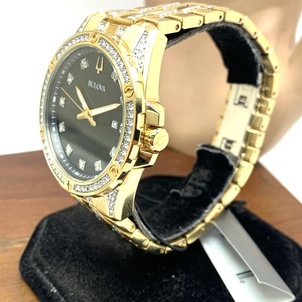 Bulova Men's Watch 98K115 Quartz Black Dial Crystals Gold Steel Gemmed ...