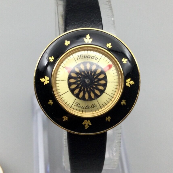 Vintage Nivada Roulette Watch Women Black Gold Tone Moving Dial Manual ...