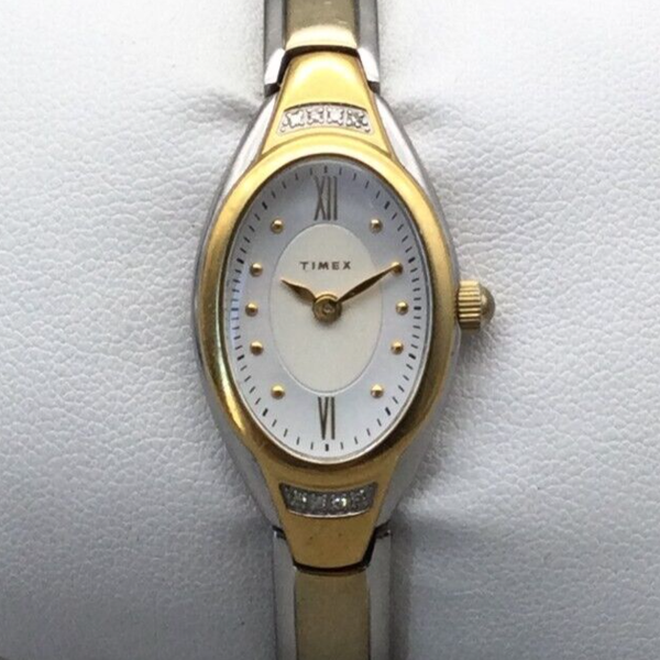 Timex Diamond Watch Women 19mm Silver Gold Tone Oval Dial Band New ...