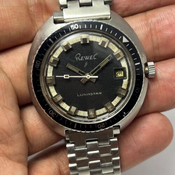 Vintage Diver Watch Automatic Rewel Lunastar Steel 39mm Men ...