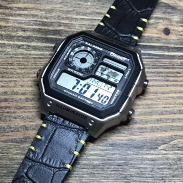 Casio World Time AE-1200WHD-1AVEF "Casio Royale" Geckota Leather Strap ...