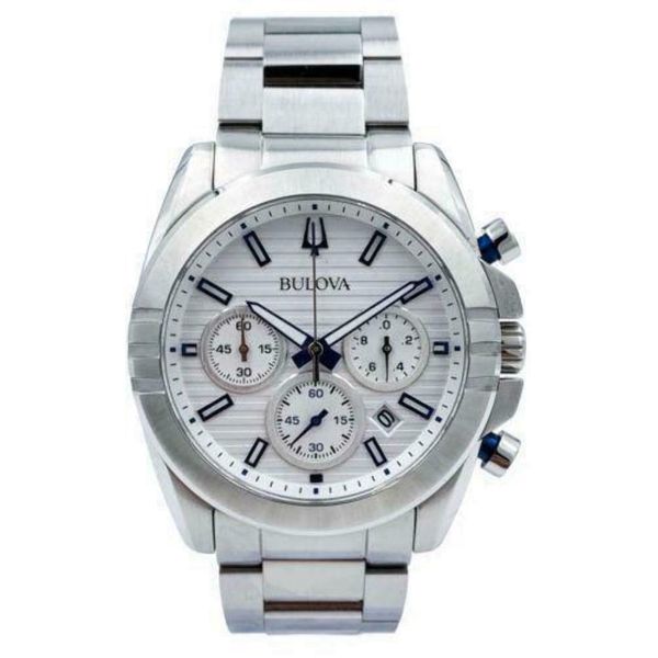 NEW Bulova 96B307 Mens White Dial Stainless Steel Chronograph Watch ...