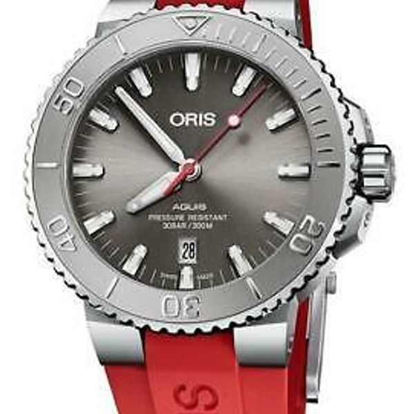 New Oris Aquis Date Relief Red Rubber Strap Mens Watch 73377304153RS ...