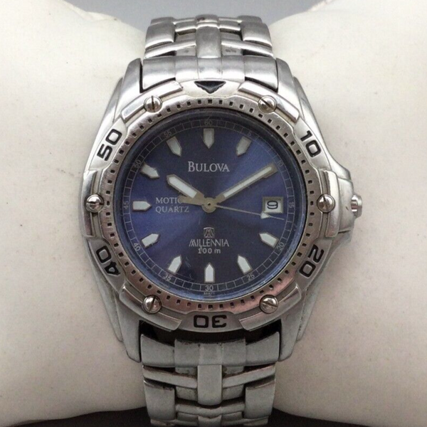 Bulova Millennia Watch Men Silver Tone 1998 Blue Dial 98B17 Motion ...
