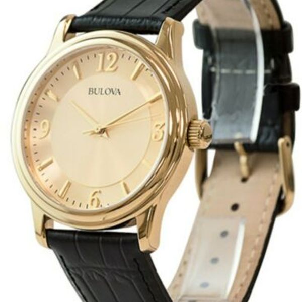 Bulova 97A70 Men's Gold-Tone Watch w/Black Leather Strap 38mm ...