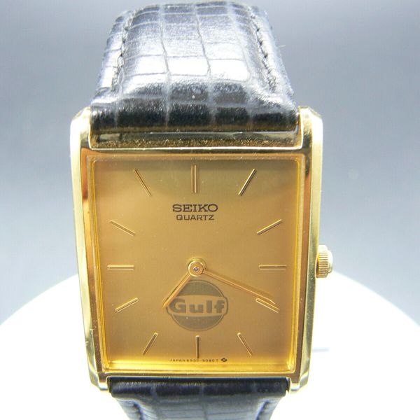 Men's Seiko Gulf Oil Yellow Tone Quartz Tank Watch Leather Strap 6530 ...