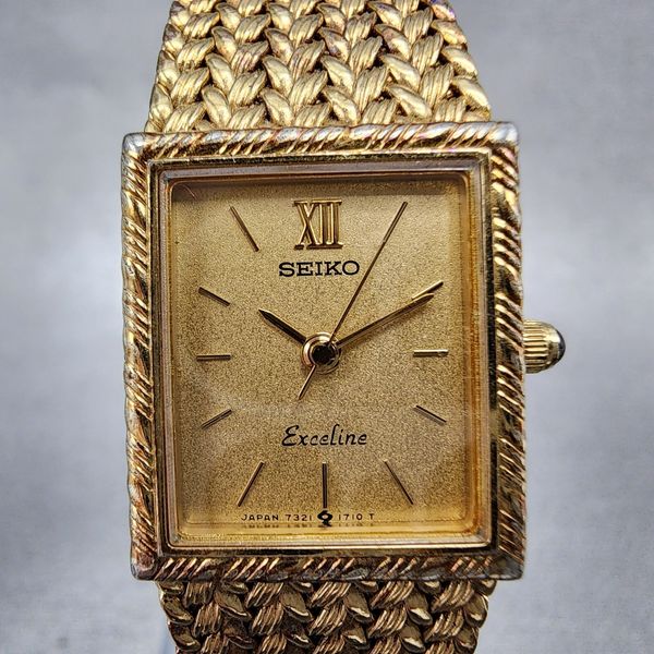 Seiko Exceline Watch Women 18mm Gold Dial Gold Tone Tank Rectangle New ...