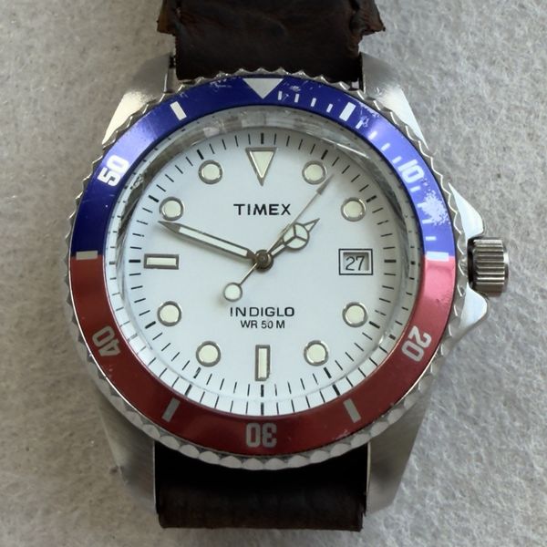 Mens Rare Timex Submariner Pepsi Bezel Indiglo Date White Dial Quartz ...