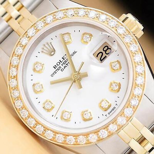 ROLEX LADIES DATE WHITE DIAMOND DIAL 14K GOLD STEEL 2-TONE JUBILEE ...