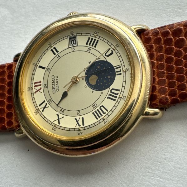vintage Seiko Moon phase Watch 80s New Battery New Lizard Leather Band ...