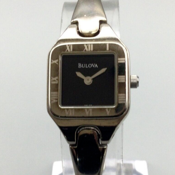 Bulova Watch Women 19mm Silver Tone Black Square Dial New Battery 6.25 ...