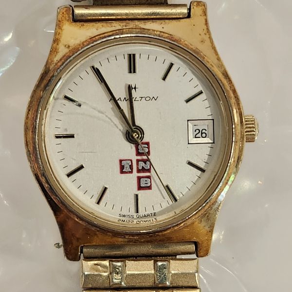 Vintage Hamilton Wrist Watch Company Logo Swiss Quartz Gold New Battery ...