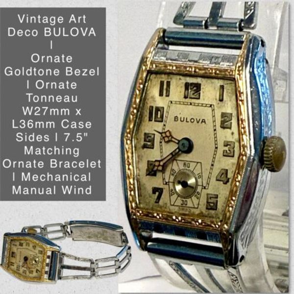 Vintage Art Deco BULOVA Tonneau Case 7.5" Bracelet Mechanical Manual ...