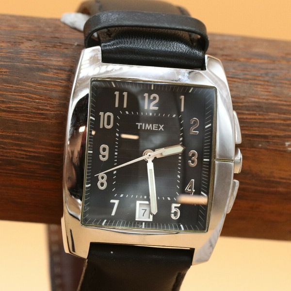 Mens timex tank style wrist watch calendar date 32mm case black dial T0 ...