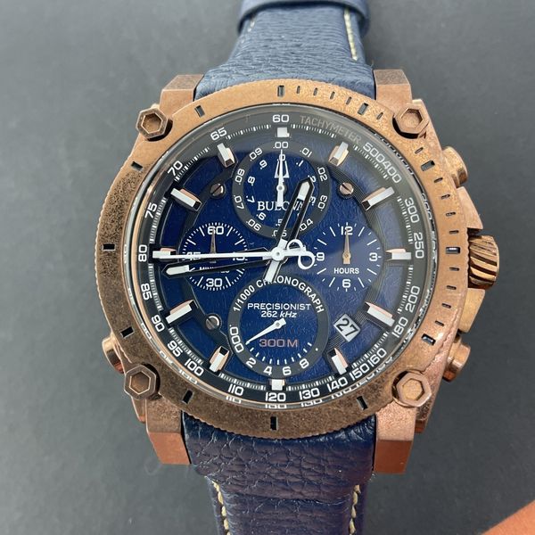 BULOVA MAN'S PRECISIONIST CHRONOGRAPH BLUE LEATHER BAND WATCH 97B186 ...