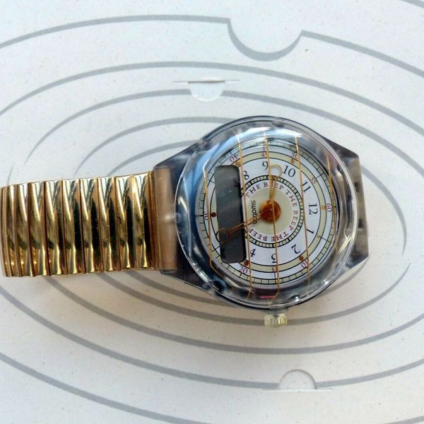 Vintage Swatch The Beep Pager Wristwatch Gold expanding metal strap ...