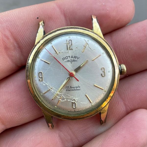 ROTARY SWISS MECHANICAL MENS WATCH 34MM RARE GOLD PLATED FOR PARTS ...
