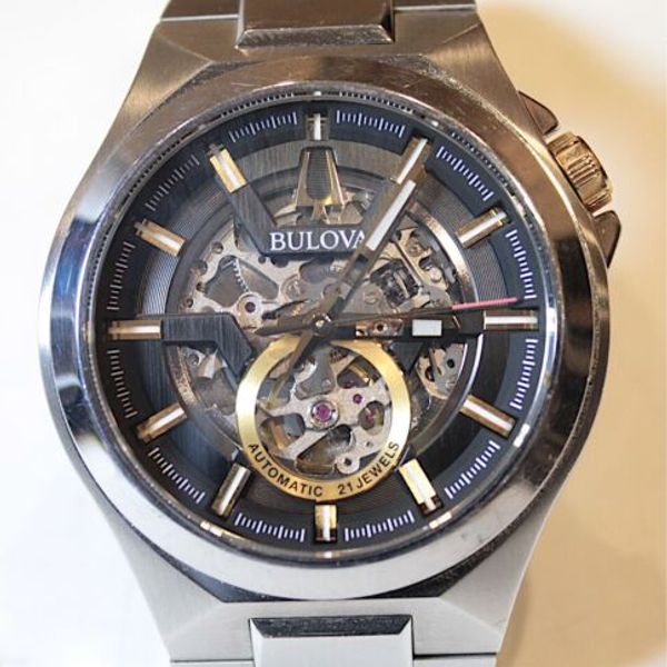 Mens Bulova Automatic 98A224 skeleton stainless steel wrist watch ...
