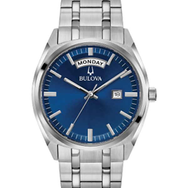 Bulova Men's Silver Tone Blue Dial Day/Date Bracelet Watch 96C125 ...