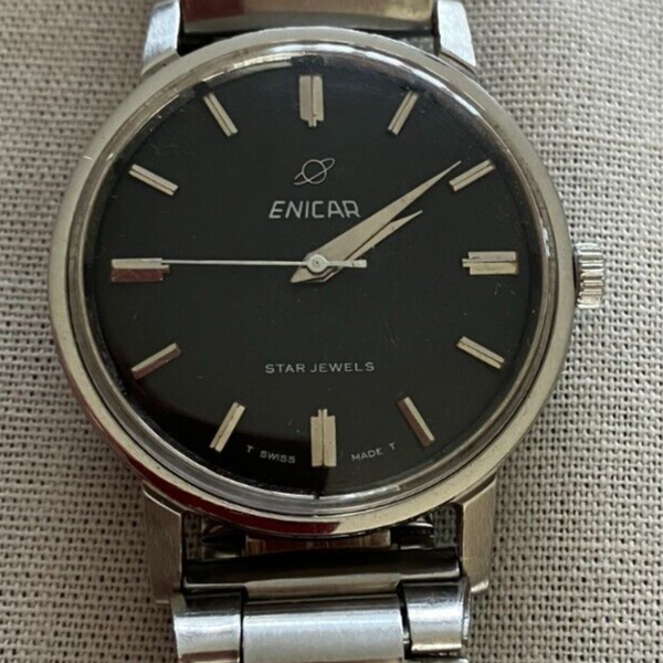 Enicar Star Jewels vintage men's watch with metal strap and black dial ...