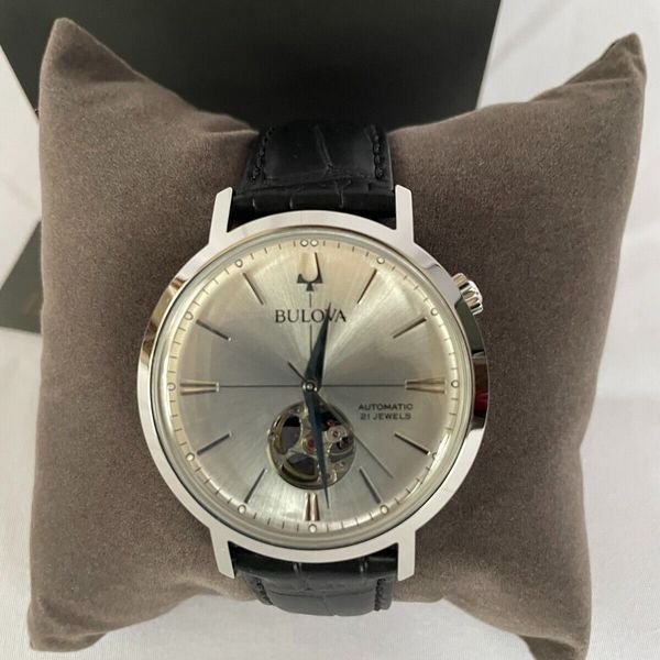 Bulova Aerojet, Stainless Steel Black Leather Automatic Men's Watch ...