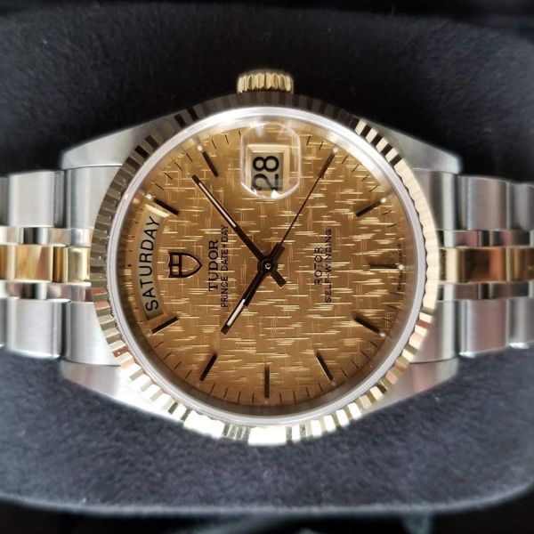 FS: Tudor Prince Date Day 76213 Two Tone Champagne Linen Dial Fluted ...