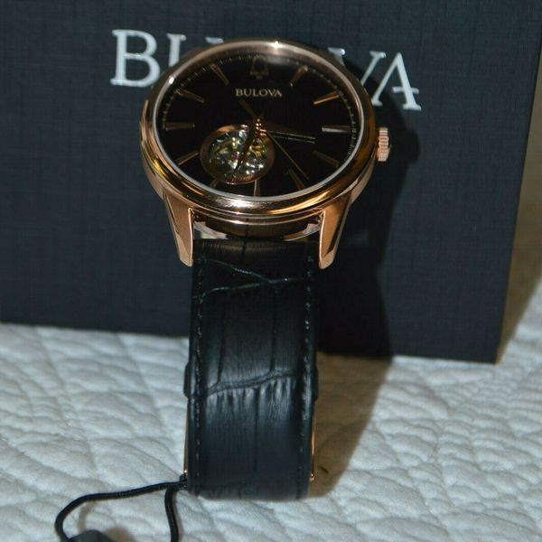 Bulova Men's Automatic Mechanical Black Leather Strap Watch 45mm 97A140 ...