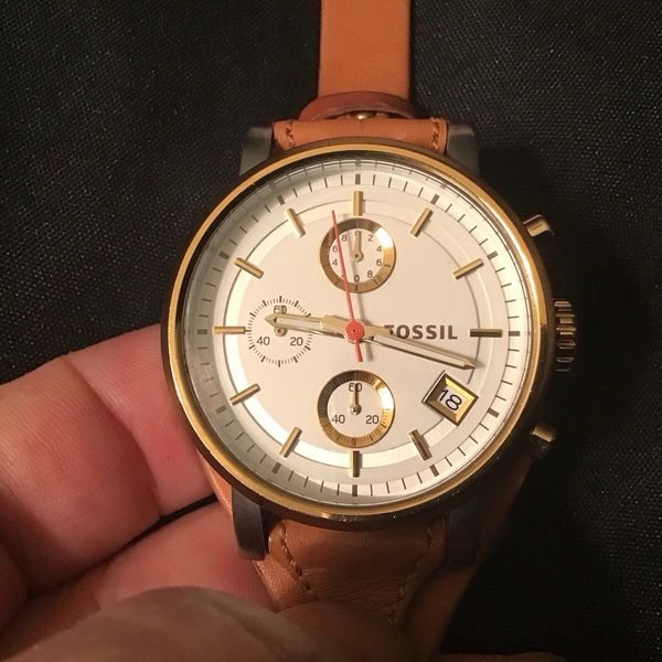 Fossil Womens Watch Boyfriend ES3615 Silver Gold Date Brown Bund Strap ...