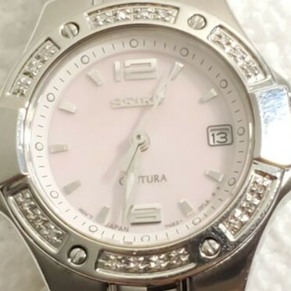 Seiko Coutura Date Watch Pink Dial Diamond Bezel Stainless Steel ...