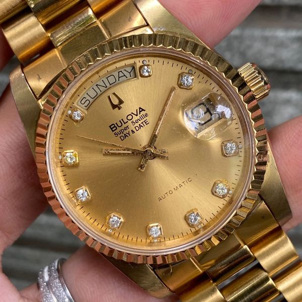 Rare Bulova President Super Seville Day Date Gold Diamond Automatic ...