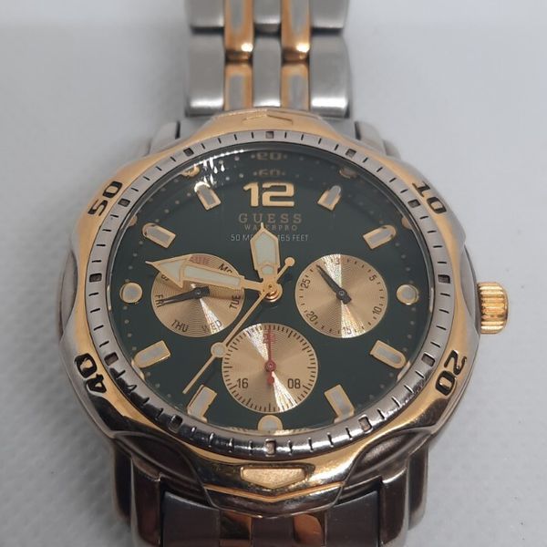 RARE & RUNNING! GUESS Green WATERPRO Men's Wrist Watch 3 Gold Subdials ...