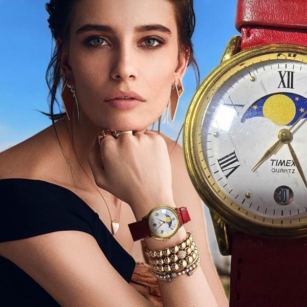TIMEX VINTAGE UNISEX MOON PHASE, RED GENUINE LEATHER STRAP, NEW BATTERY ...
