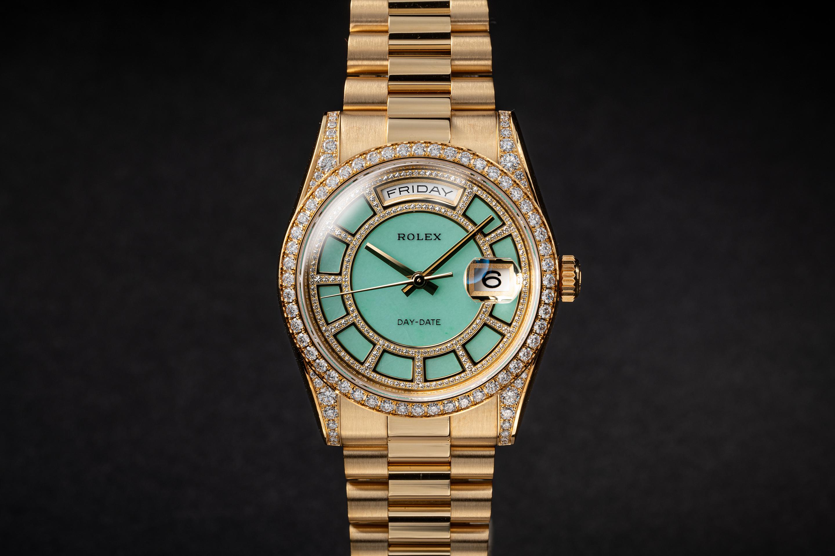 FS: 2022 Rolex 18K YG Diamond Day-Date 118388 Carousel Green Jade Dial ...