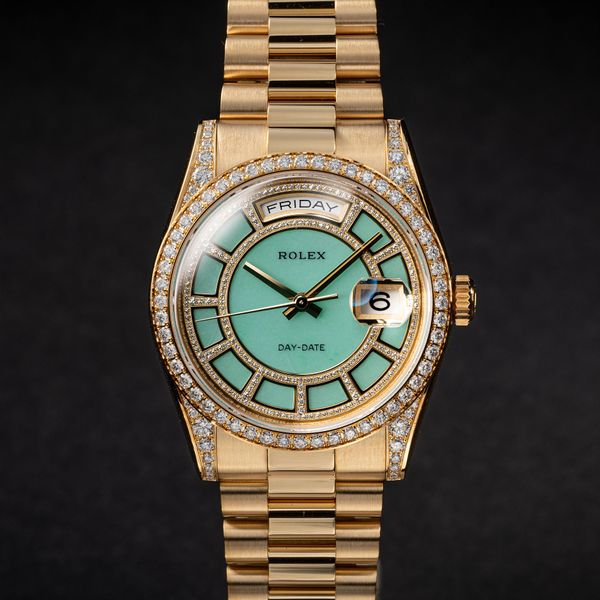 FS: 2022 Rolex 18K YG Diamond Day-Date 118388 Carousel Green Jade Dial ...
