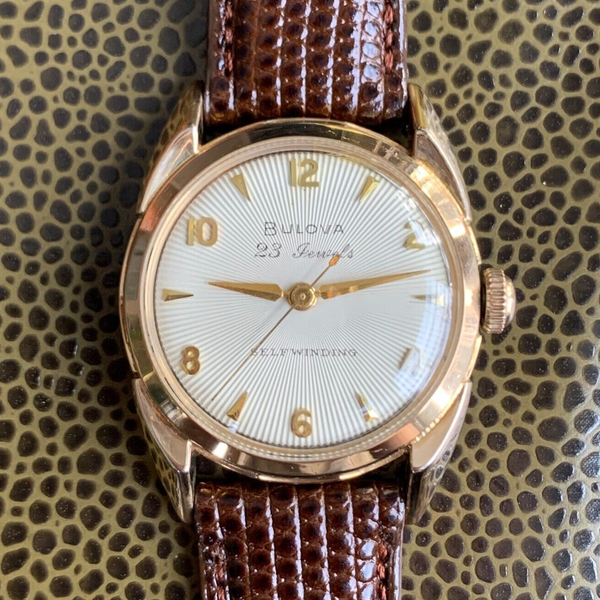 1954 Bulova 23 Jewels Automatic 10K RGP Gold w/ White Dial & Brown Band ...